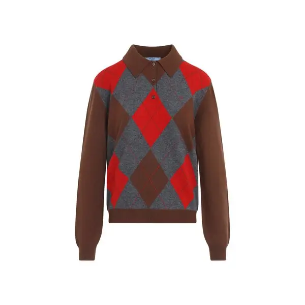 Prada Argyle Knit Polo Sweater - Brown