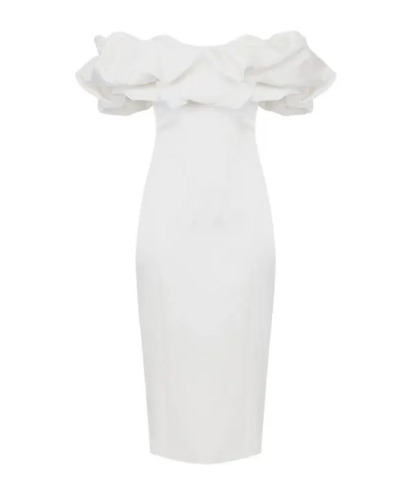 Elisabetta Franchi Off-shoulder Midi Dress With Back Slits - Ivory