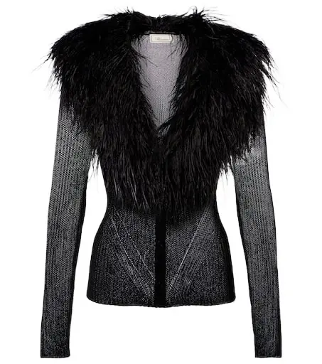 Blumarine Feather-trimmed Ribbed-knit Cardigan - Black