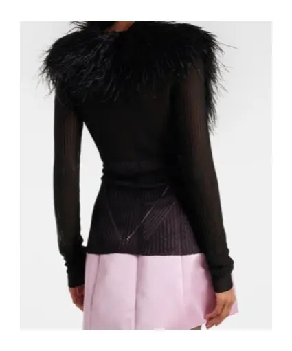 Blumarine Feather-trimmed Ribbed-knit Cardigan