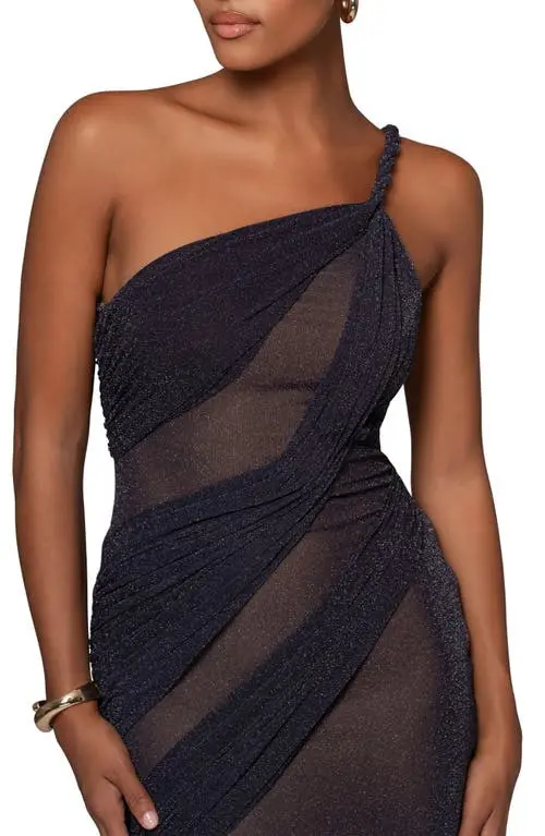 JLUXLABEL Alari One-shoulder Sparkle Mesh Gown With Rope Strap - Blue