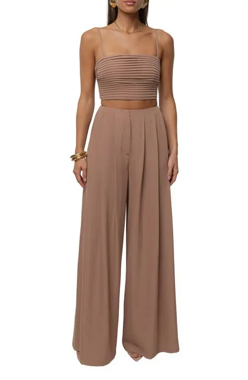 JLUXLABEL Pleated Crop Top And Wide Leg Pants Set - Beige