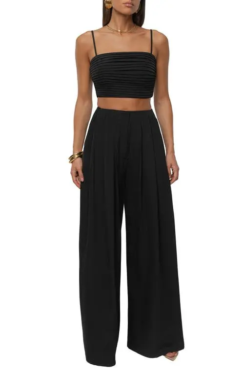 JLUXLABEL Pleated Crop Top And Wide Leg Pants Set - Black