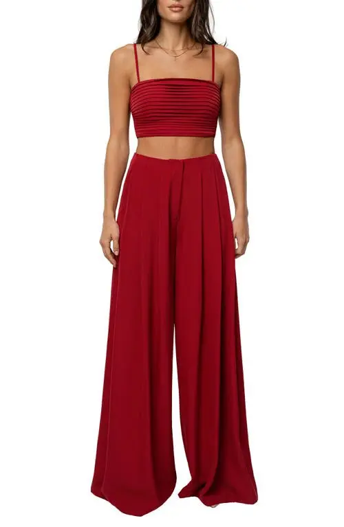 JLUXLABEL Pleated Crop Top And Wide Leg Pants Set - Red
