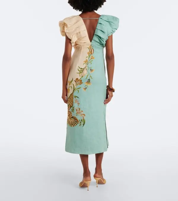 Farm Rio Marine Garden Sand Linen Midi Dress