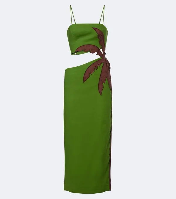 Farm Rio Palm Tree Linen-blend Midi Dress