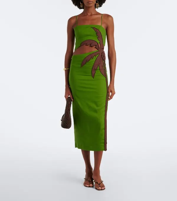 Farm Rio Palm Tree Linen-blend Midi Dress