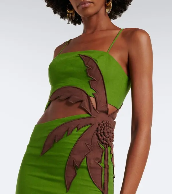 Farm Rio Palm Tree Linen-blend Midi Dress