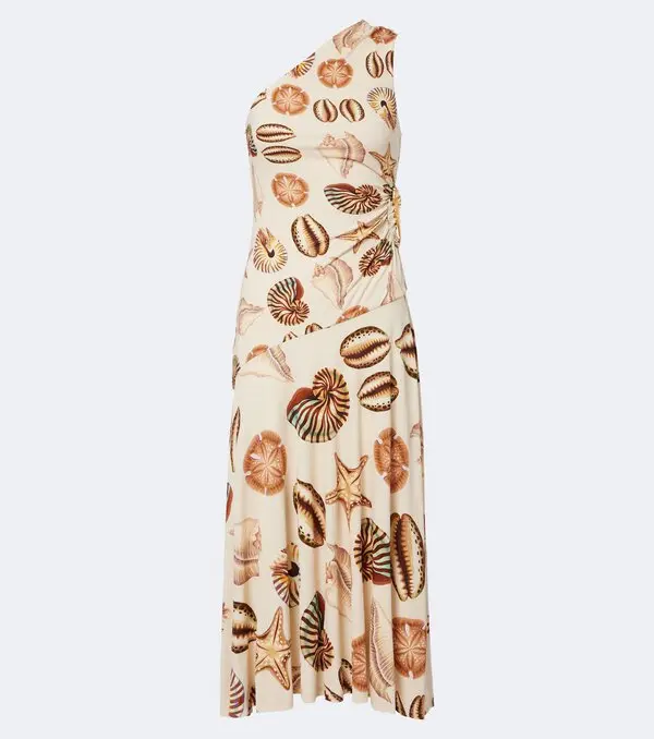 Farm Rio Marine Shells Sand Printed One-shoulder Midi Dress - Beige