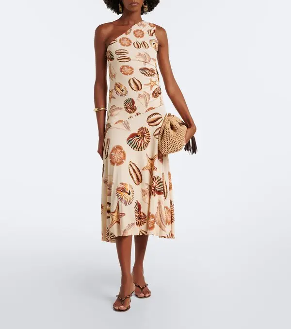 Farm Rio Marine Shells Sand Printed One-shoulder Midi Dress
