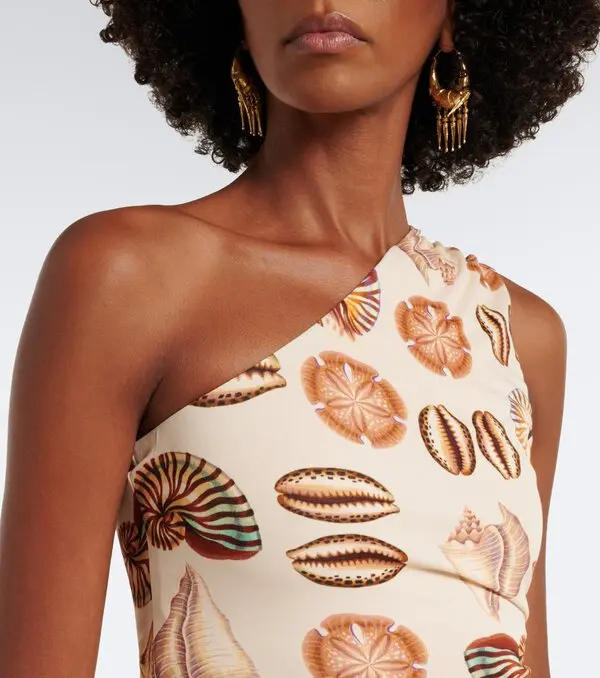 Farm Rio Marine Shells Sand Printed One-shoulder Midi Dress