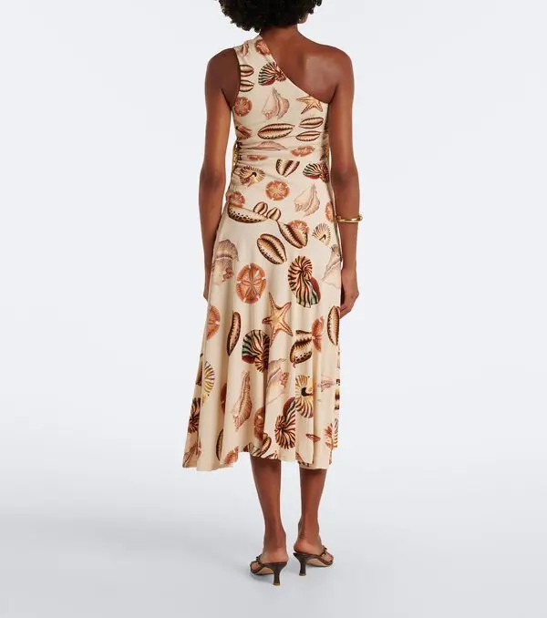 Farm Rio Marine Shells Sand Printed One-shoulder Midi Dress