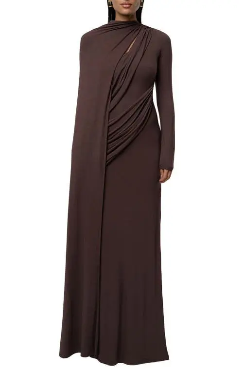 JLUXLABEL Draped Elegance Long Sleeve Gown - Brown