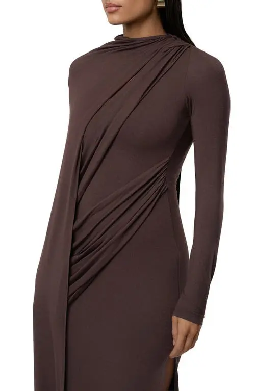 JLUXLABEL Draped Elegance Long Sleeve Gown - Brown
