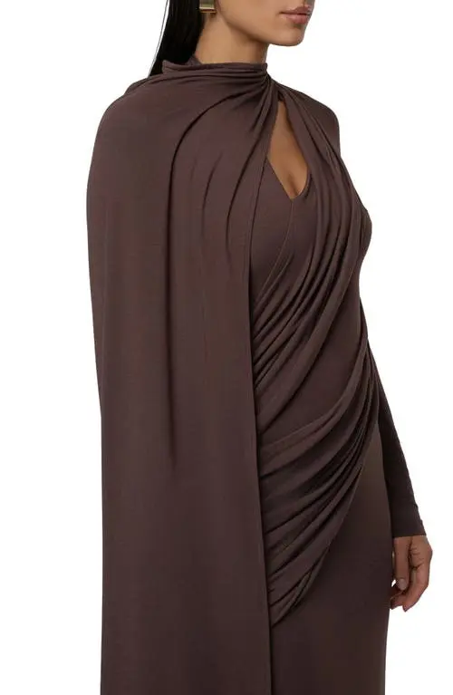 JLUXLABEL Draped Elegance Long Sleeve Gown - Brown