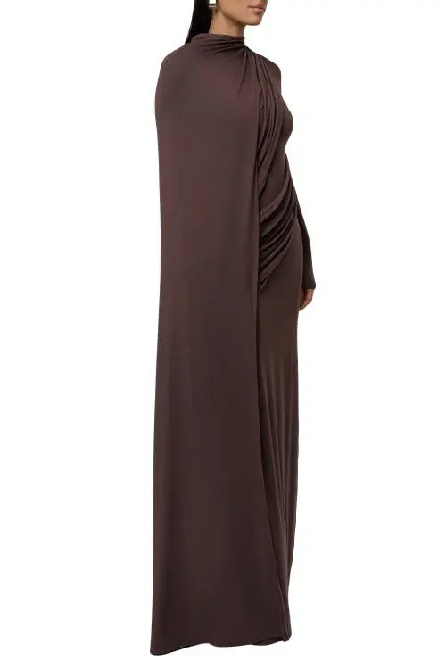 JLUXLABEL Long Sleeve Gown With Draped Elegance - Brown