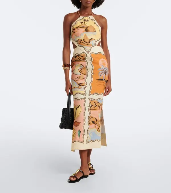 Farm Rio Souvenir Printed Linen Midi Dress
