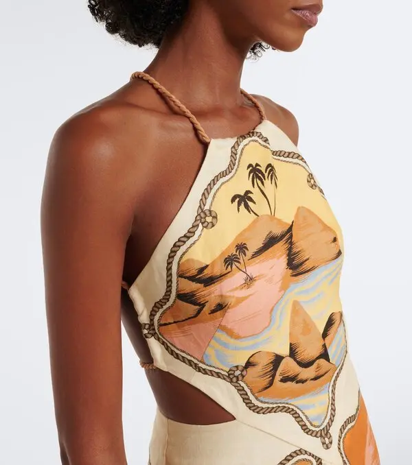 Farm Rio Souvenir Printed Linen Midi Dress