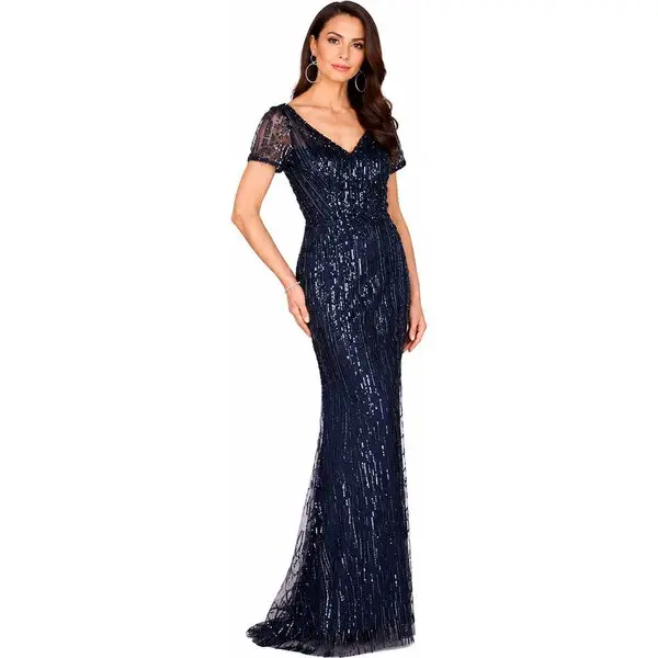 LARA NEW YORK Beaded Faux-wrap V-neck Bridal Gown - Navy