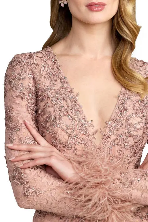 Mac Duggal Long Sleeve Feather Embellished Mermaid Gown