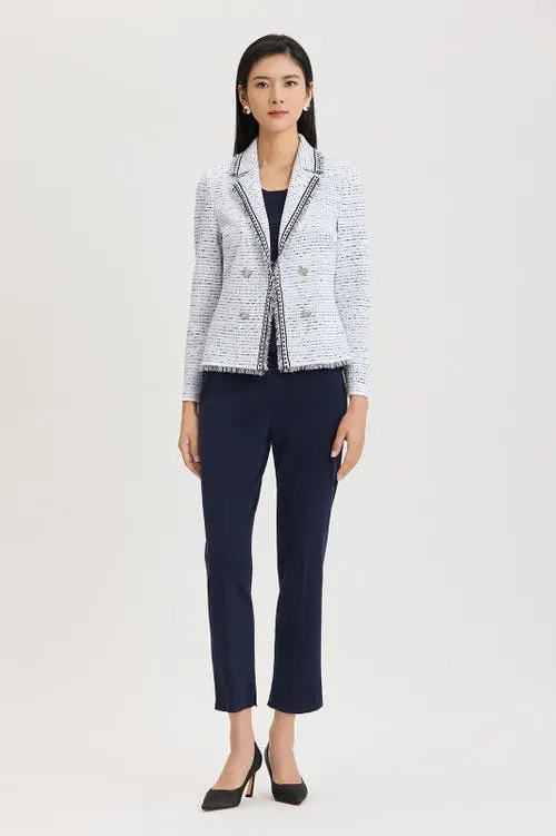 Ming Wang Heritage Eyelash Trim Lapel Collar Knit Jacket - White/indigo