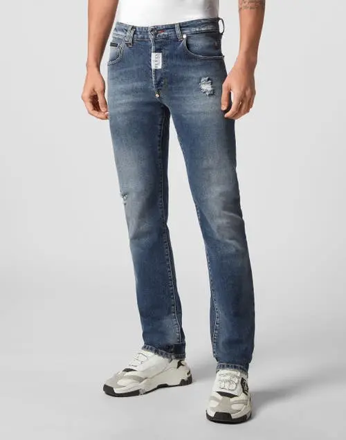 Philipp Plein Super Straight Cut Denim Trousers With Hexagon Logo