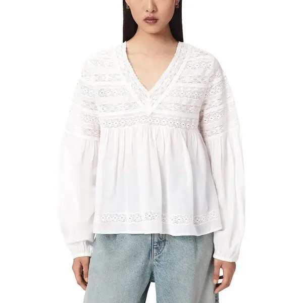 ALLSAINTS Neneh Lace Trim Eyelet Top - White
