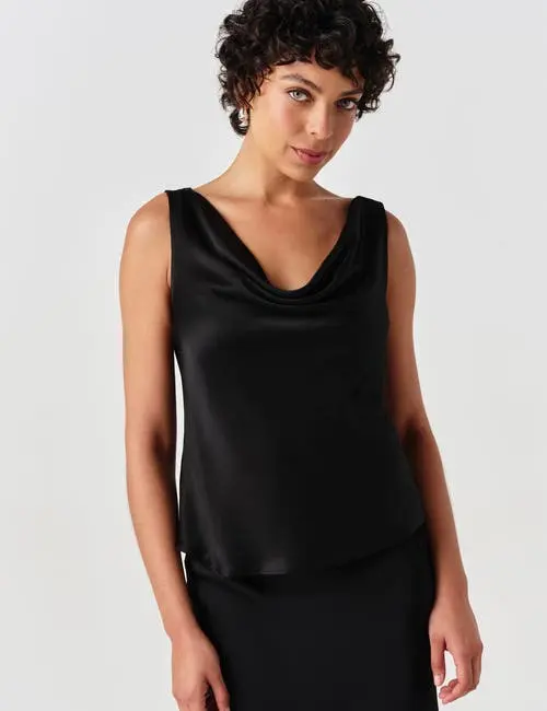GHOST LONDON Nyla Cowl Neck Satin Top - Black