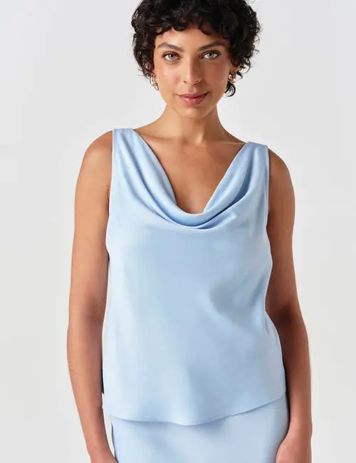 GHOST LONDON Nyla Cowl Neck Satin Top - Light Blue