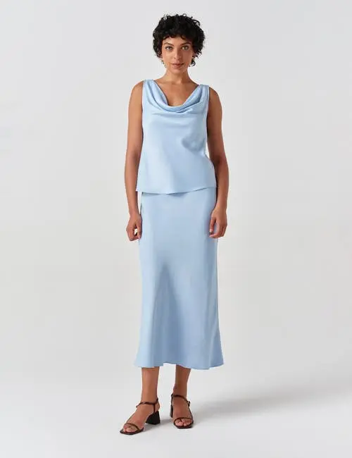GHOST LONDON Nyla Cowl Neck Satin Top - Light Blue