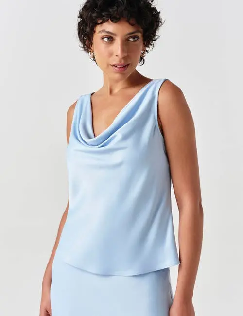 GHOST LONDON Nyla Cowl Neck Satin Top - Light Blue