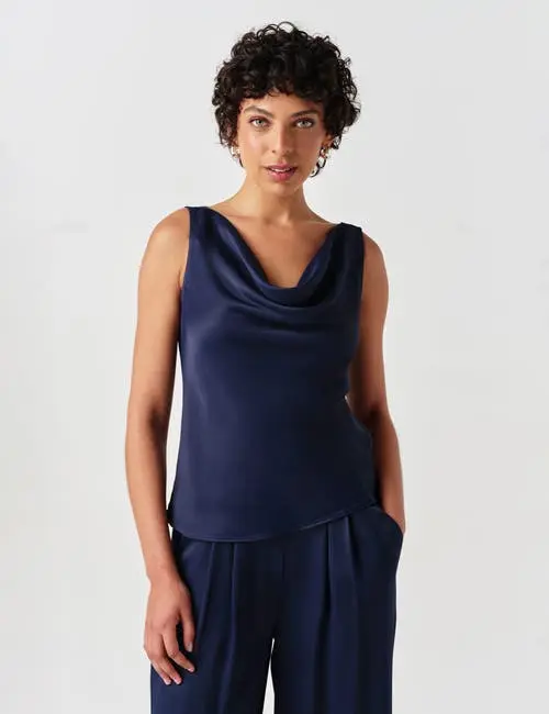 GHOST LONDON Nyla Cowl Neck Satin Top - Navy