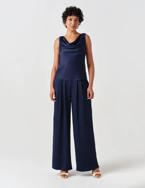 GHOST LONDON Nyla Cowl Neck Satin Top - Navy