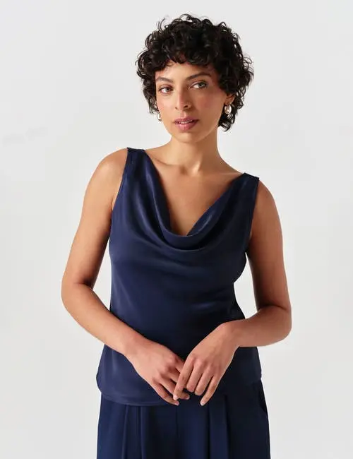 GHOST LONDON Nyla Cowl Neck Satin Top - Navy