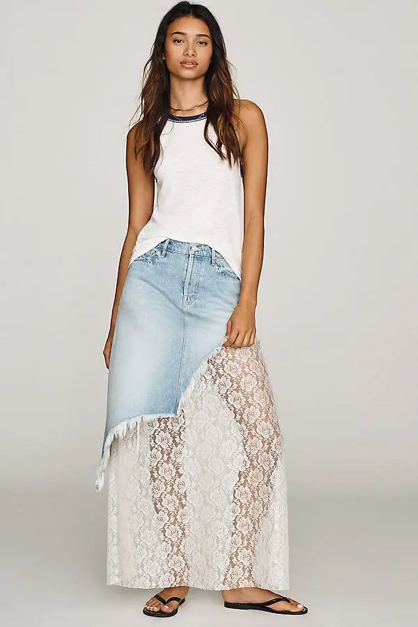 MOTHER Peek-a-boo Denim And Lace Maxi Skirt