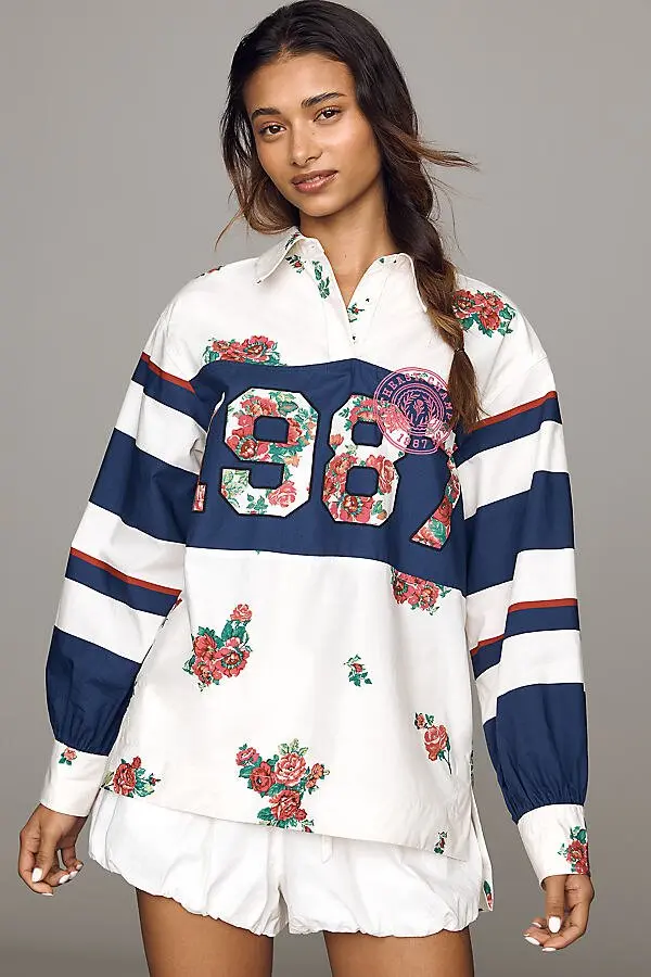 Maeve Cotton Rugby Shirt With Floral Embroidery - Ivory Pattern