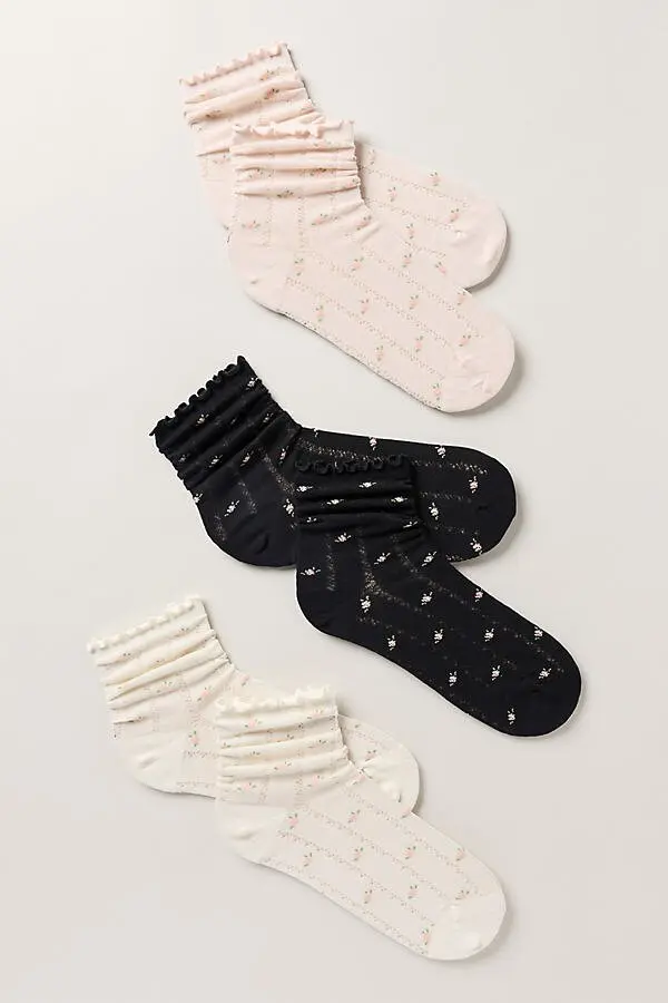 For Love & Lemons Pointelle Floral Crew Socks - White