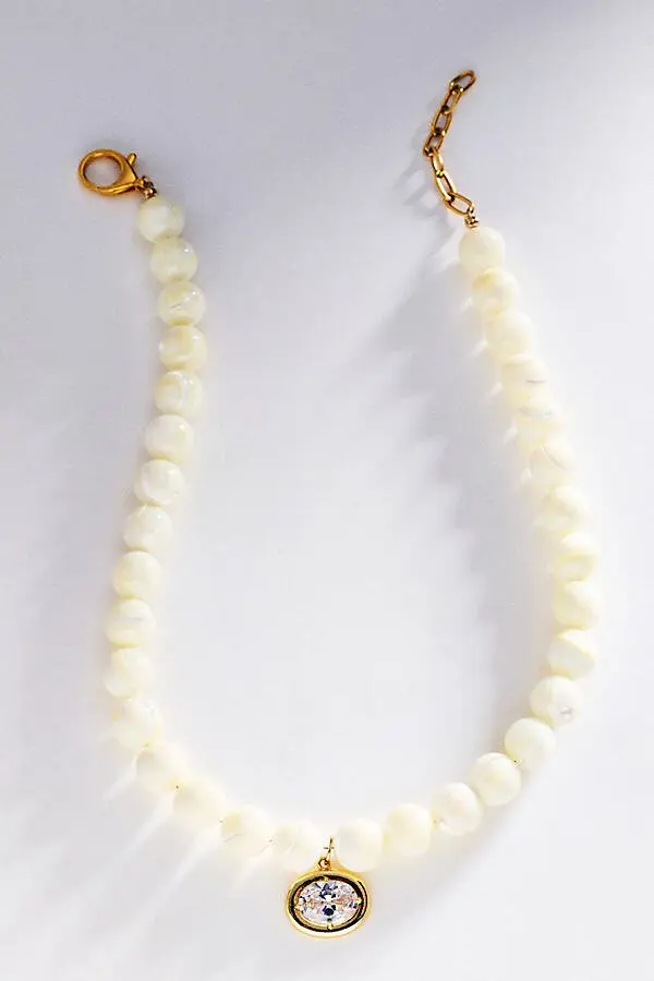 Anthropologie Alv Jewels Beaded Necklace With Mother Of Pearl And Gold-plated Brass - White