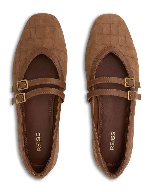REISS Eliza Croc Embossed Suede Ballet Flats With Buckled Straps