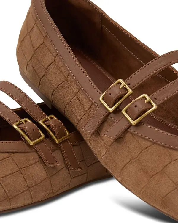 REISS Eliza Croc Embossed Suede Ballet Flats With Buckled Straps