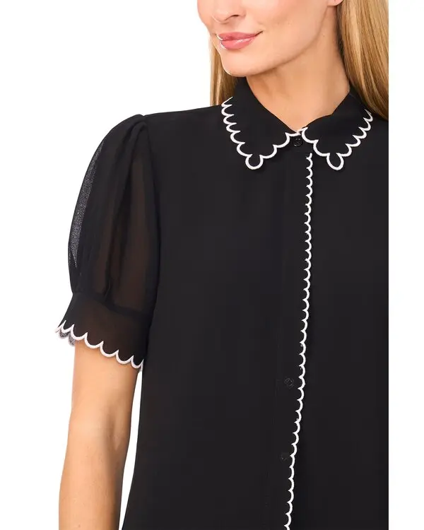 CECE DUPRAZ Scallop Contrast Trim Button Blouse