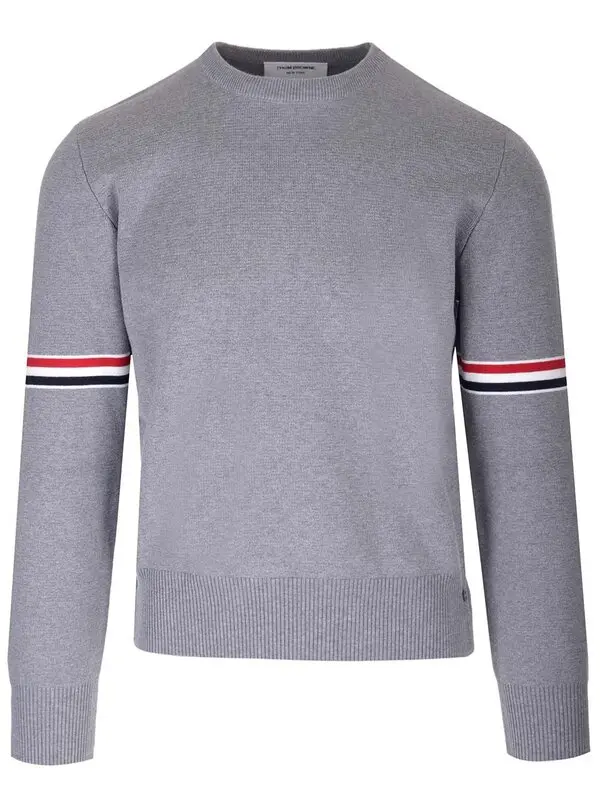 Thom Browne Milano Stitch Crew Neck Sweater With Grosgrain Stripe Detail - Gray