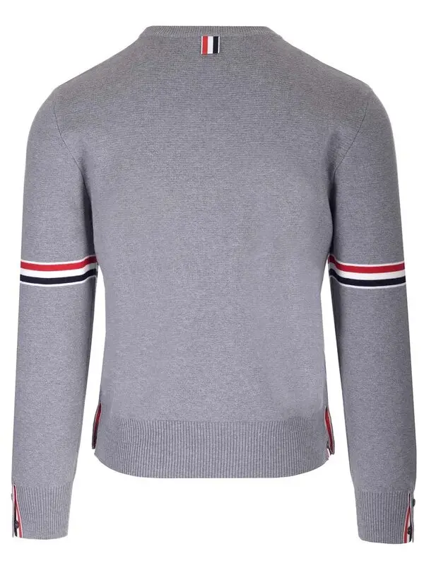 Thom Browne Milano Stitch Crew Neck Sweater With Grosgrain Stripe Detail - Gray
