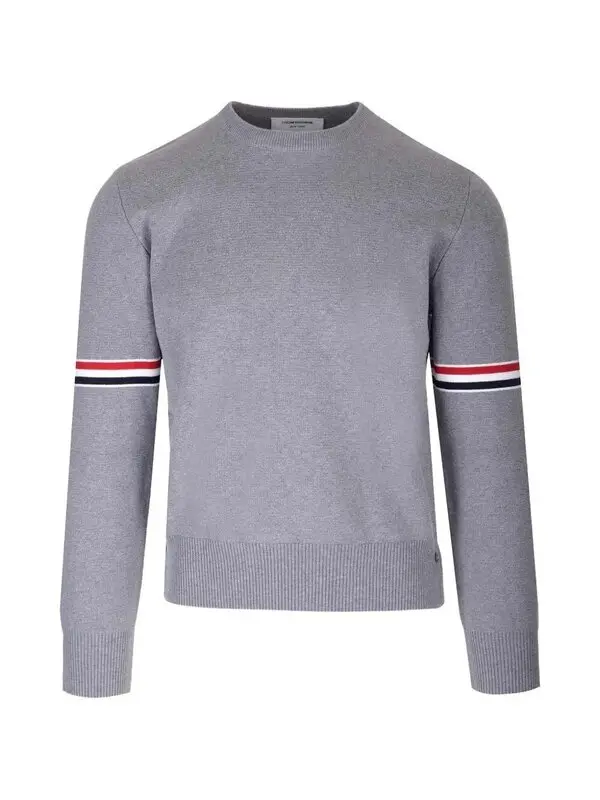 Thom Browne Milano Stitch Crew Neck Sweater With Grosgrain Stripe Detail - Gray