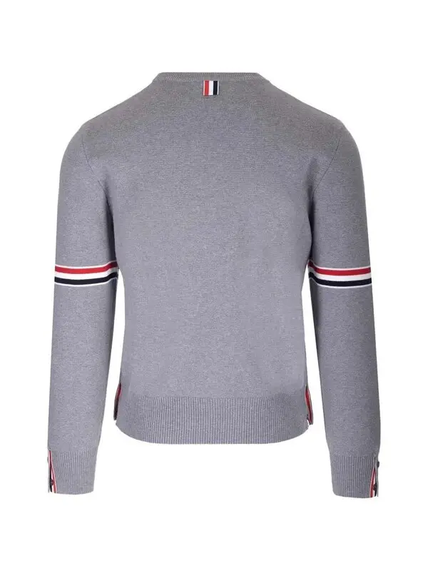 Thom Browne Milano Stitch Crew Neck Sweater With Grosgrain Stripe Detail - Gray
