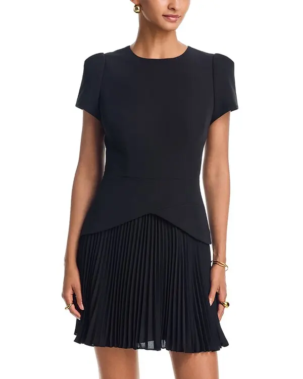 MILLY Haddy Pleated Short Sleeve Mini Dress - Black