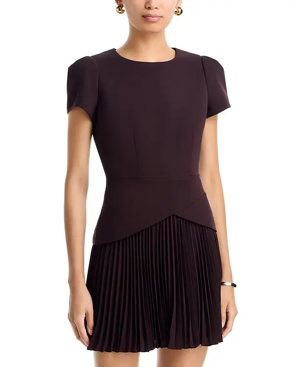 MILLY Haddy Pleated Short Sleeve Mini Dress - Brown