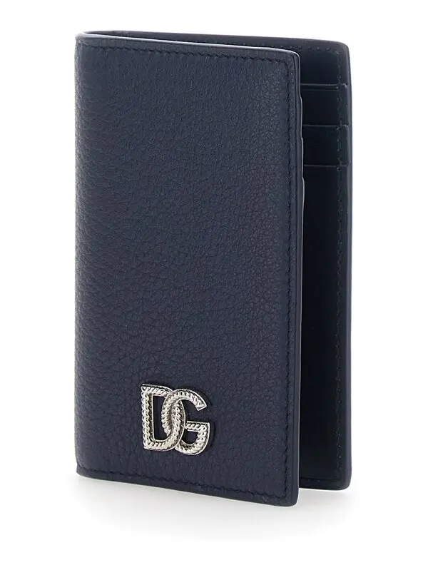 Dolce & Gabbana Blue Cardholder With Logo Plate On The Front In Grained Leather For