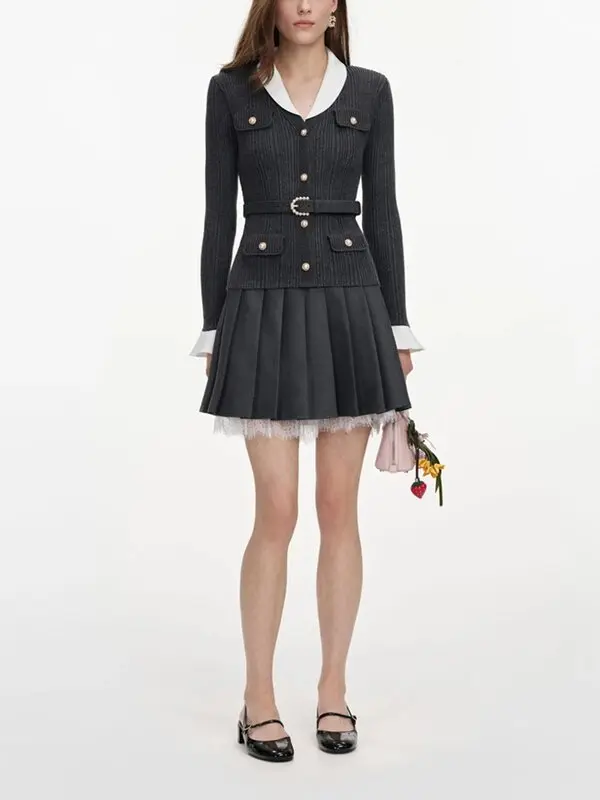 SELF-PORTRAIT Ribbed Knit Cardigan With Contrast Collar And Belt - Multicolor