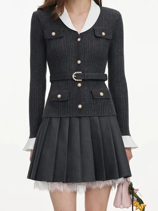 SELF-PORTRAIT Ribbed Knit Cardigan With Contrast Collar And Belt - Multicolor